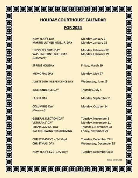 Holiday Calendar for 2024 – Bureau County, Illinois